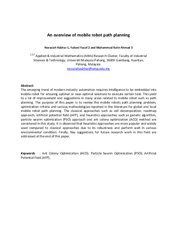 (PDF) An overview of mobile robot path planning