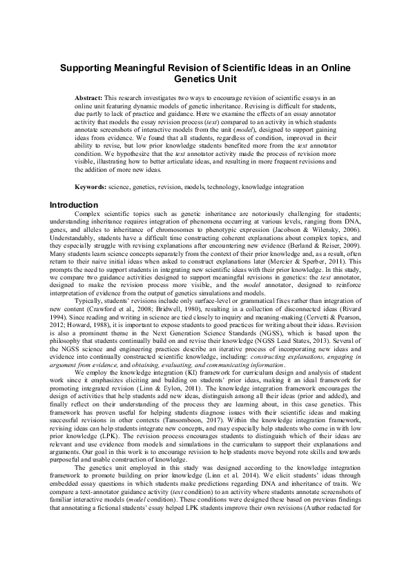 (PDF) Supporting Meaningful Revision of Scientific Ideas in an Online ...