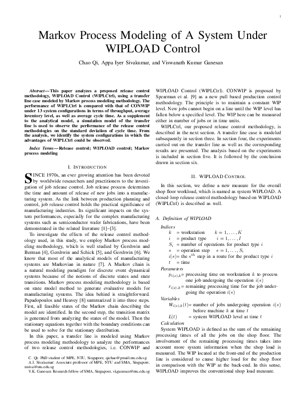 (PDF) Markov Process Modeling of A System Under WIPLOAD Control