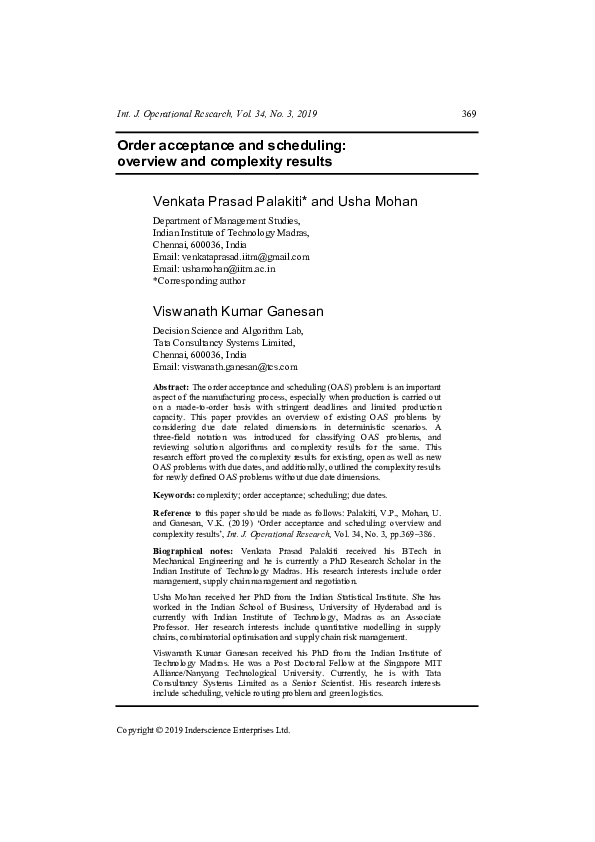 (PDF) Order acceptance and scheduling: overview and complexity results