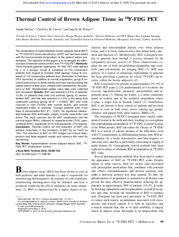 (PDF) Thermal Control of Brown Adipose Tissue in 18F-FDG PET