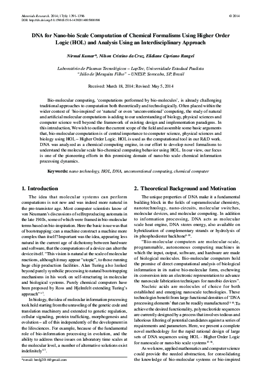 (PDF) DNA for nano-bio scale computation of chemical formalisms using ...