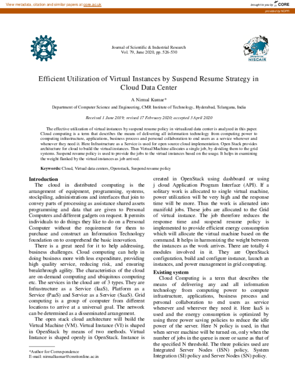 (PDF) Efficient Utilization of Virtual Instances by Suspend Resume Strategy in Cloud Data Center