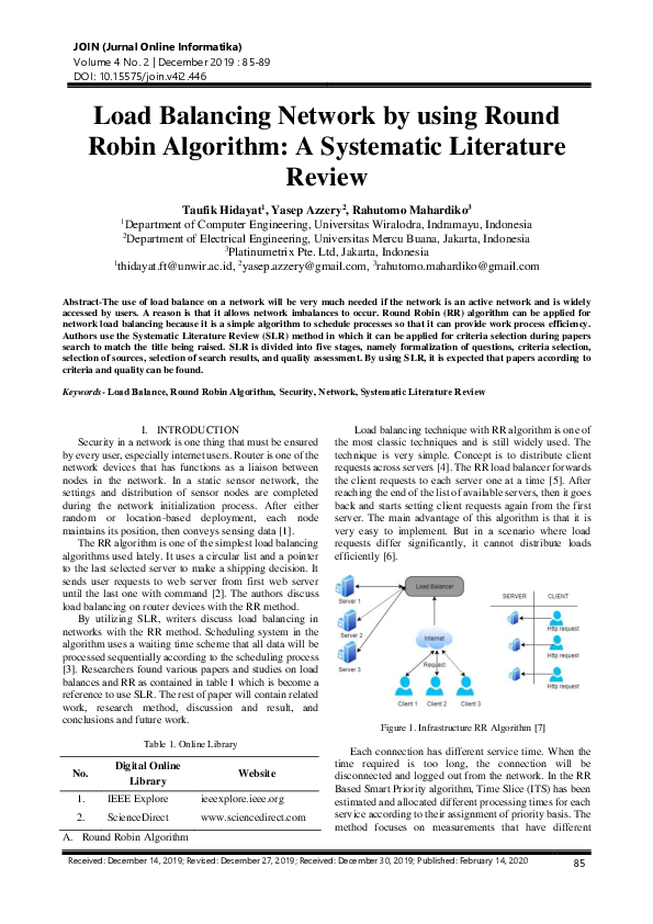 Pdf Load Balancing Network By Using Round Robin Algorithm A Systematic Literature Review