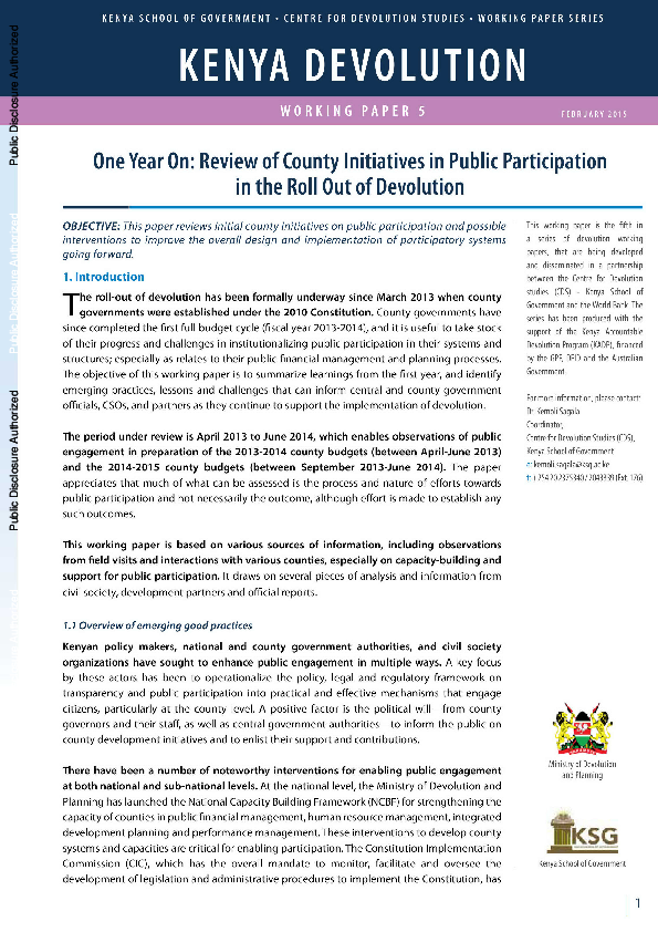 (PDF) One year on : review of county initiatives in public participation in the roll out of ...