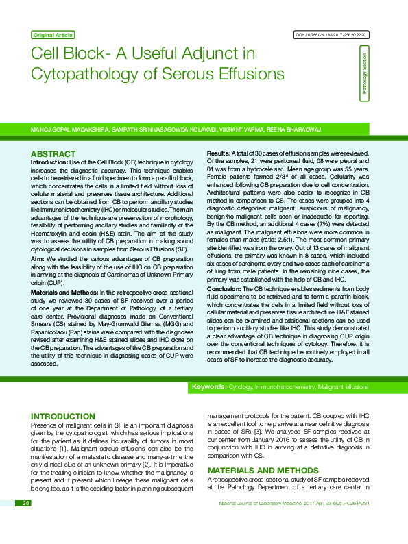 (PDF) Cell Block- A Useful Adjunct in Cytopathology of Serous Effusions