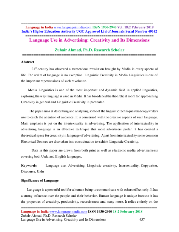 (PDF) Language Use in Advertising: Creativity and Its Dimensions