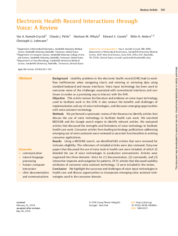 (PDF) Electronic Health Record Interactions through Voice: A Review