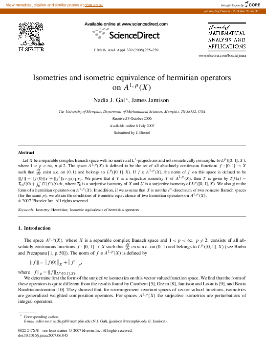 (PDF) Isometries and isometric equivalence of hermitian operators on A1 ...