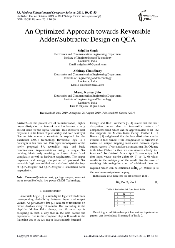Pdf An Optimized Approach Towards Reversible Addersubtractor Design