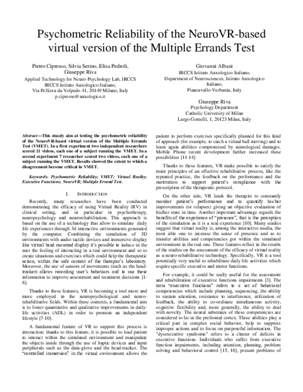 (PDF) Psychometric Reliability of the NeuroVR-based virtual version of ...