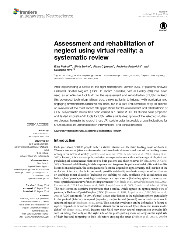 (PDF) Assessment and rehabilitation of neglect using virtual reality: a ...