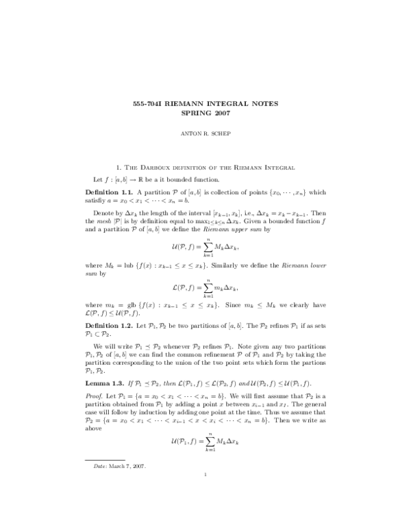 (PDF) 555-704I Riemann Integral Notes Spring 2007