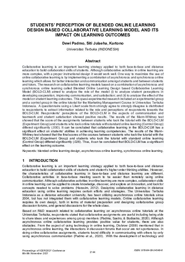 (PDF) Students’ Perception of Blended Online Learning Design Based Collaborative Learning Model ...