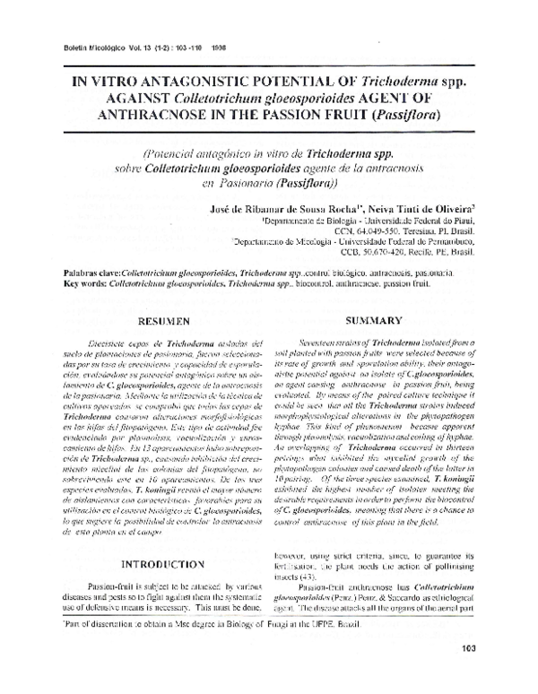 Pdf In Vitro Antagonistic Potential Of Trichoderma Spp Against Colletotrichum Gloeosporoides