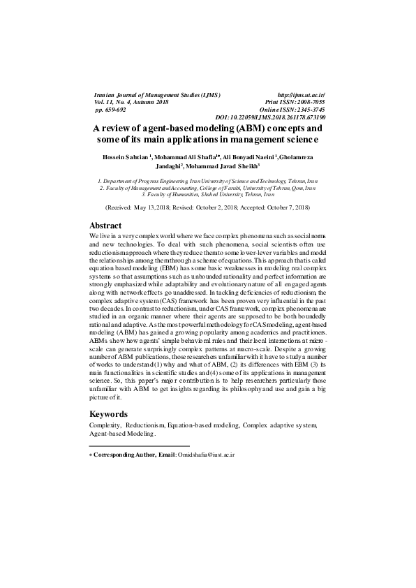 Pdf A Review Of Agent Based Modeling Abm Concepts And Some Of Its