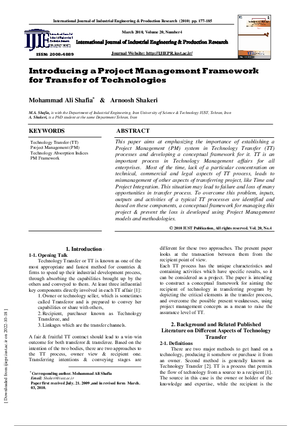 (PDF) Introducing a Project Management Framework for Transfer of ...