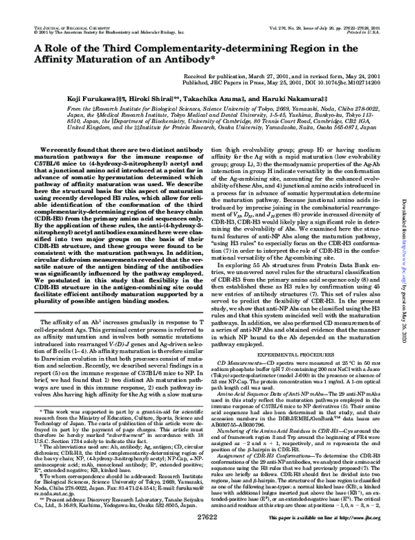 (PDF) A Role of the Third Complementarity-determining Region in the ...