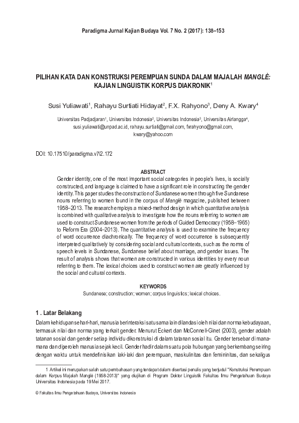 (PDF) Pilihan Kata Dan Konstruksi Perempuan Sunda Dalam Majalah Manglè ...