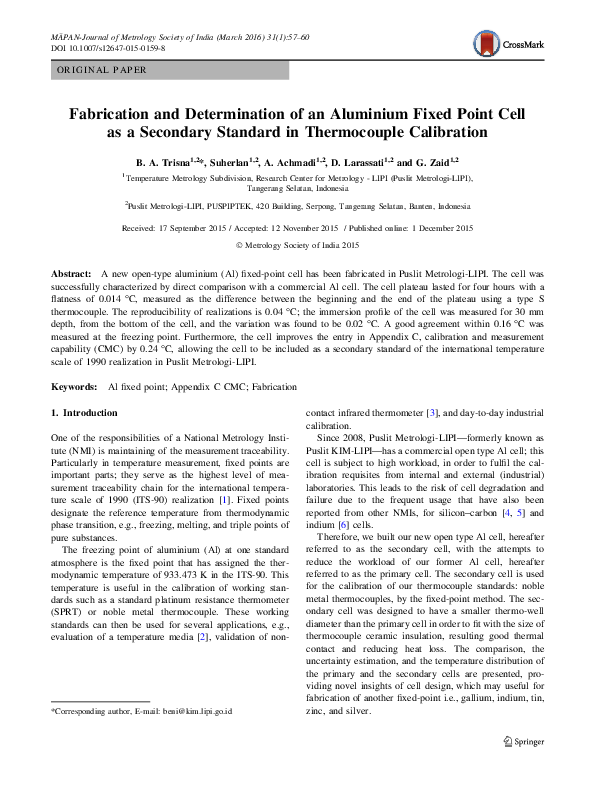 (PDF) Fabrication and Determination of an Aluminium Fixed Point Cell as ...