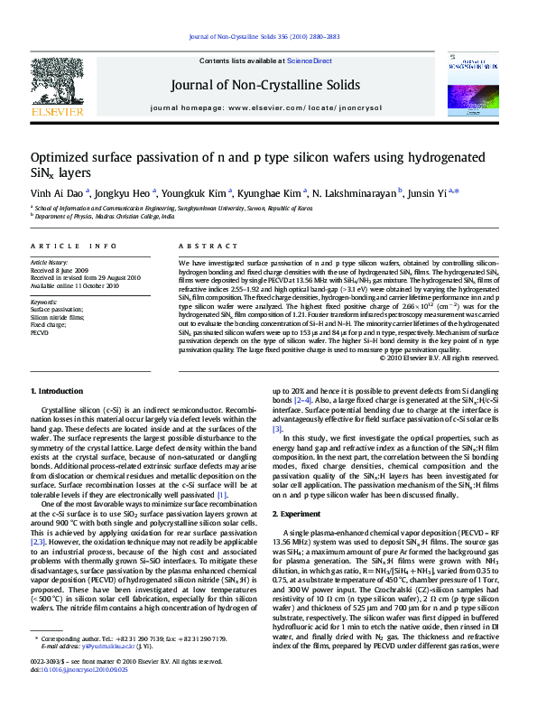 (PDF) Optimized surface passivation of n and p type silicon wafers using hydrogenated SiNx layers