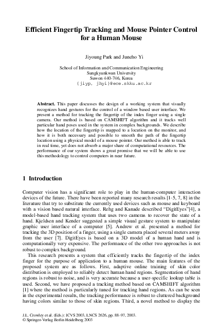Pdf Efficient Fingertip Tracking And Mouse Pointer Control For A