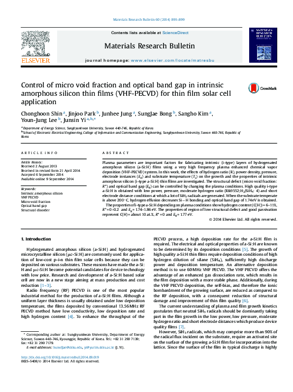 (PDF) Control of micro void fraction and optical band gap in intrinsic ...
