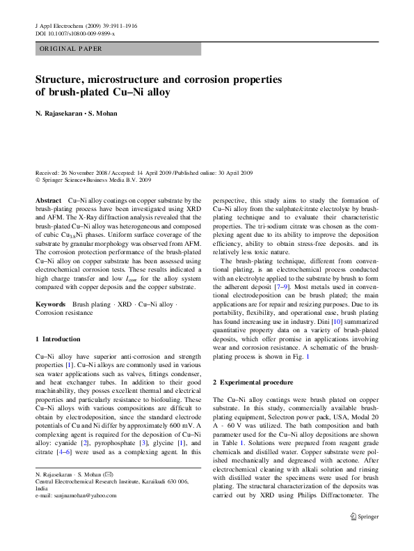 (PDF) Structure, microstructure and corrosion properties of brush-plated Cu–Ni alloy