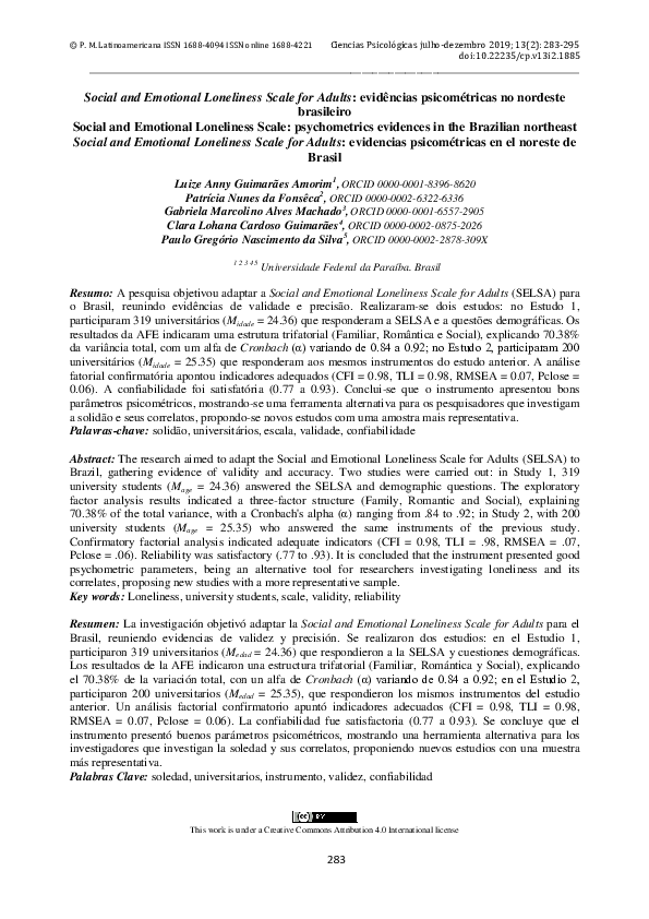 (PDF) Social and Emotional Loneliness Scale for Adults: evidencias ...