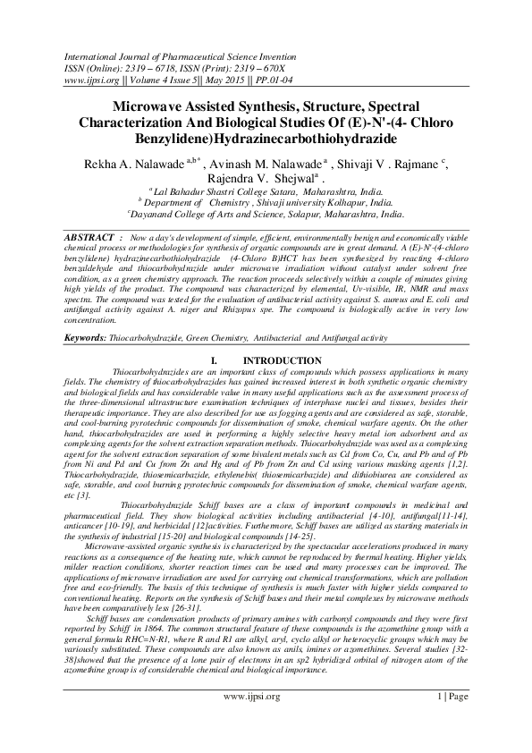 (PDF) Microwave Assisted Synthesis, Structure, Spectral Characterization and Biological Studies ...