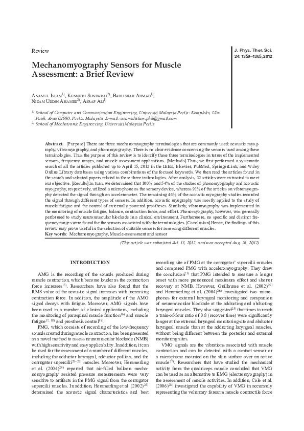 (PDF) Mechanomyography Sensors for Muscle Assessment: a Brief Review