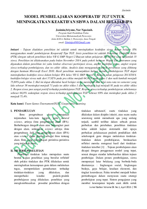 (PDF) Model Pembelajaran Kooperatif TGT Untuk Meningkatkan Keaktifan Siswa Dalam Belajar Ipa