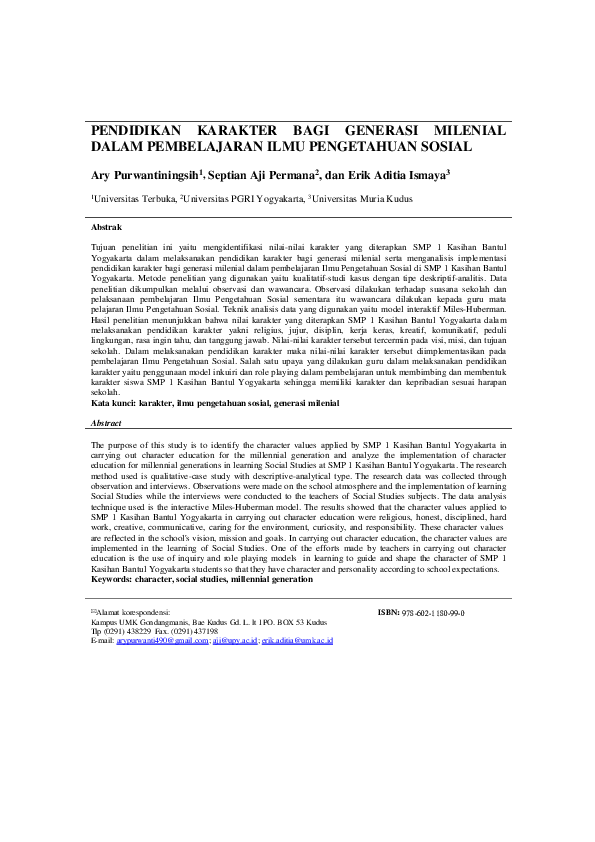 (PDF) Pendidikan Karakter Bagi Generasi Milenial Dalam Pembelajaran ... (PDF) Pendidikan Karakter Bagi Generasi Milenial Dalam Pembelajaran ...