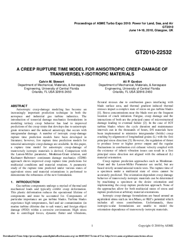 (PDF) A Creep Rupture Time Model for Anisotropic Creep-Damage of ...