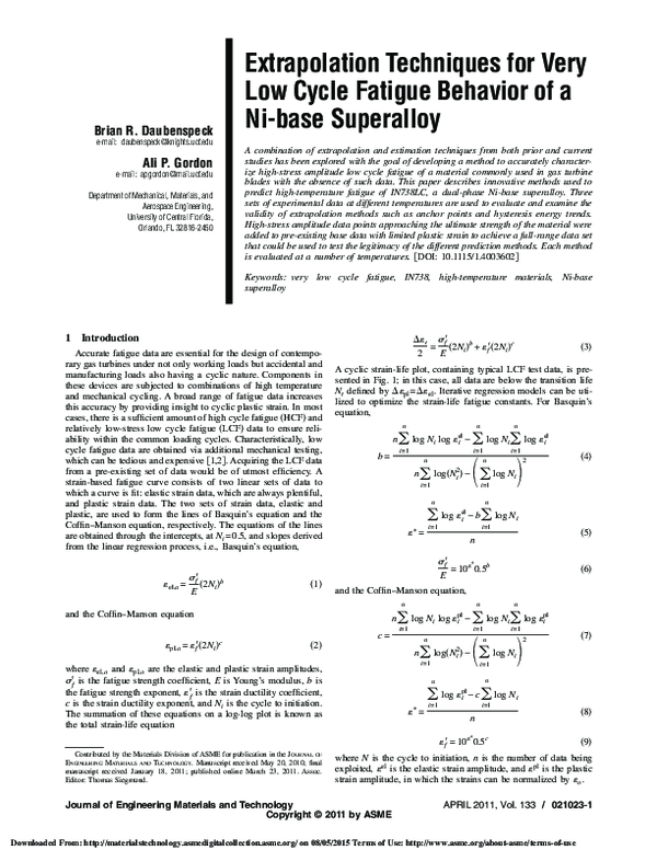(PDF) Extrapolation Techniques for Very Low Cycle Fatigue Behavior of a Ni-base Superalloy