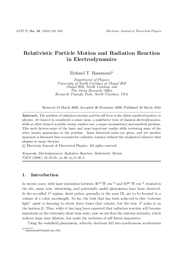 (PDF) Relativistic Particle Motion and Radiation Reaction in Electrodynamics
