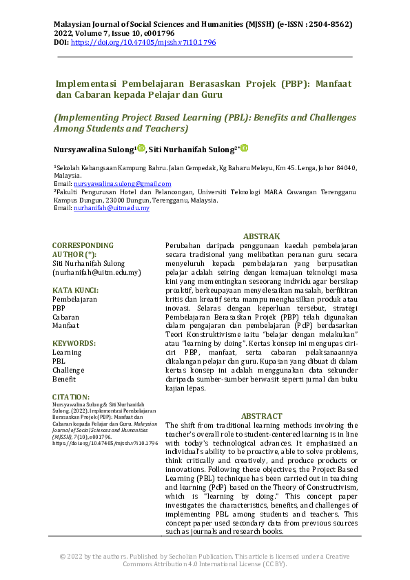 (PDF) Implementasi Pembelajaran Berasaskan Projek (PBP): Manfaat dan Cabaran kepada Pelajar dan Guru