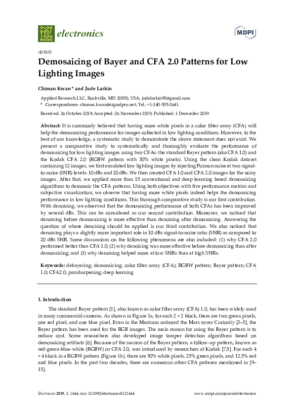(PDF) Demosaicing of Bayer and CFA 2.0 Patterns for Low Lighting Images