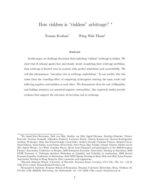 (PDF) How Riskless is 'Riskless' Arbitrage?