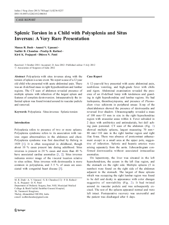 (PDF) Splenic Torsion in a Child with Polysplenia and Situs Inversus: A ...