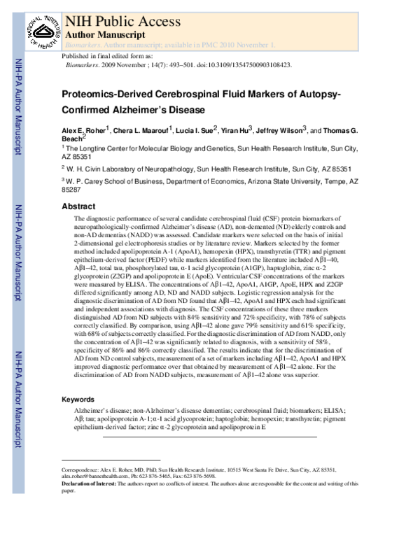 (PDF) Proteomics-derived cerebrospinal fluid markers of autopsy-confirmed Alzheimer's disease