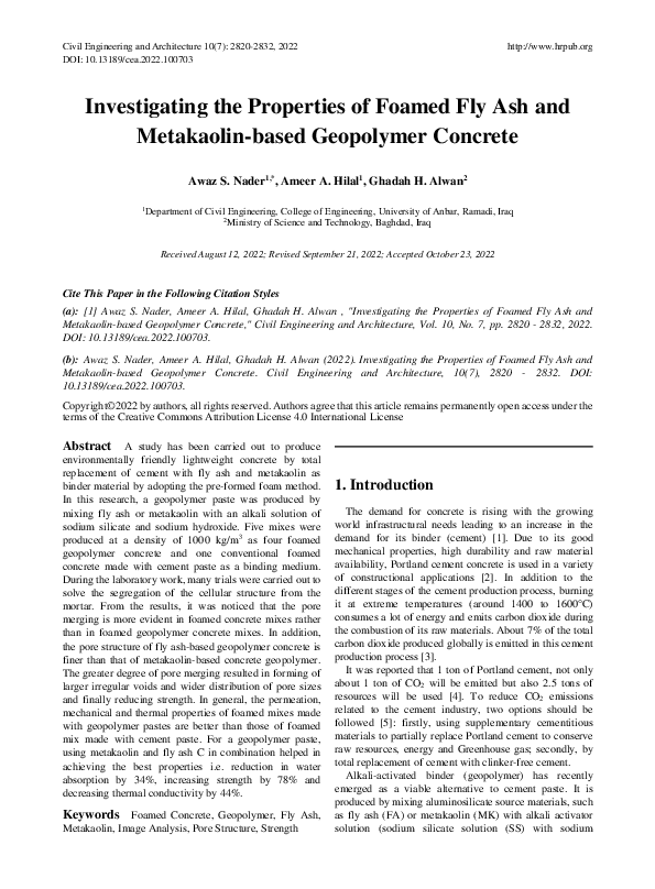 (PDF) Investigating the Properties of Foamed Fly Ash and Metakaolin ...
