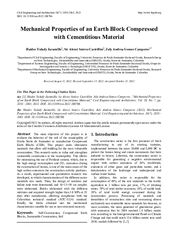 (PDF) Mechanical Properties of an Earth Block Compressed with ...