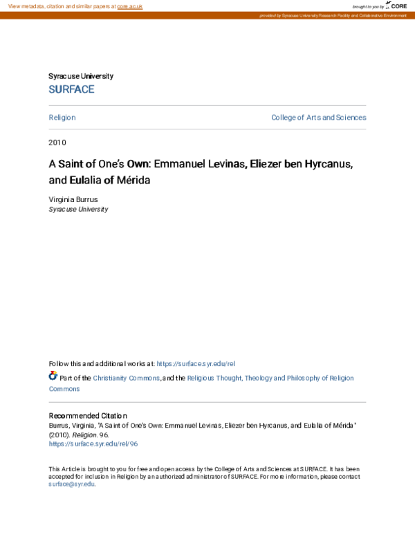 (PDF) A Saint of One's Own: Emmanuel Levinas, Eliezer ben Hyrcanus, and ...