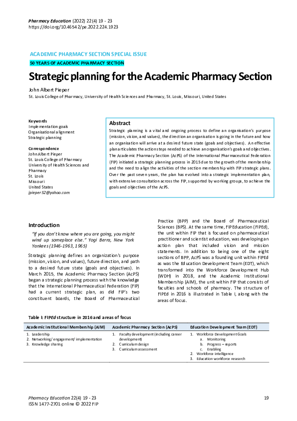 (PDF) Strategic planning for the Academic Pharmacy Section