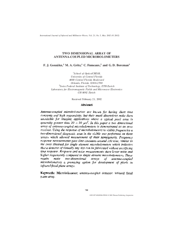 (PDF) Two dimensional array of antenna-coupled microbolometers