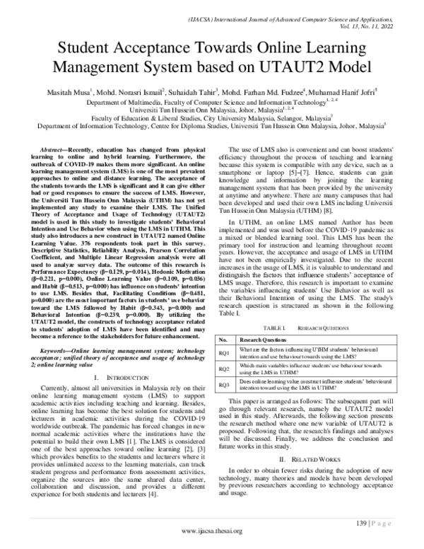 (PDF) Student Acceptance Towards Online Learning Management System based on UTAUT2 Model