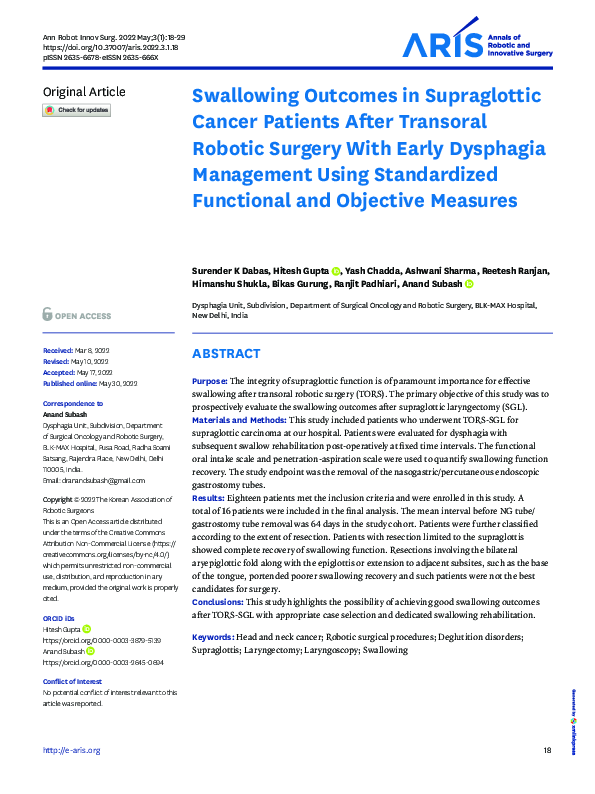 (PDF) Swallowing Outcomes in Supraglottic Cancer Patients After ...