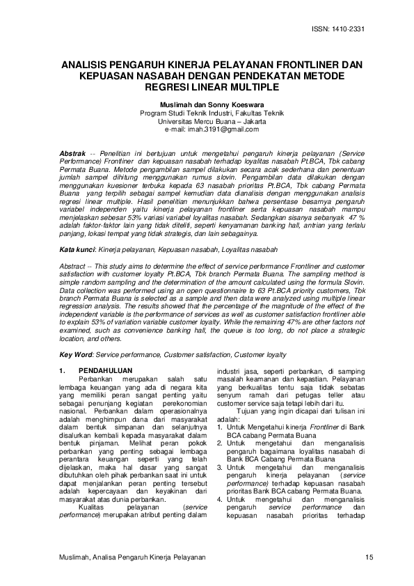 (PDF) Analisis Pengaruh Kinerja Pelayanan Frontliner Dan Kepuasan Nasabah Terhadap Loyalitas ...