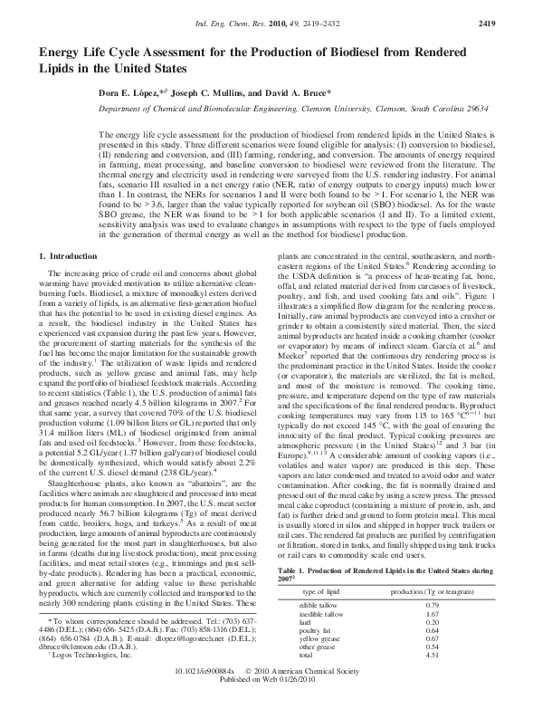 Pdf Energy Life Cycle Assessment For The Production Of Biodiesel From Rendered Lipids In The